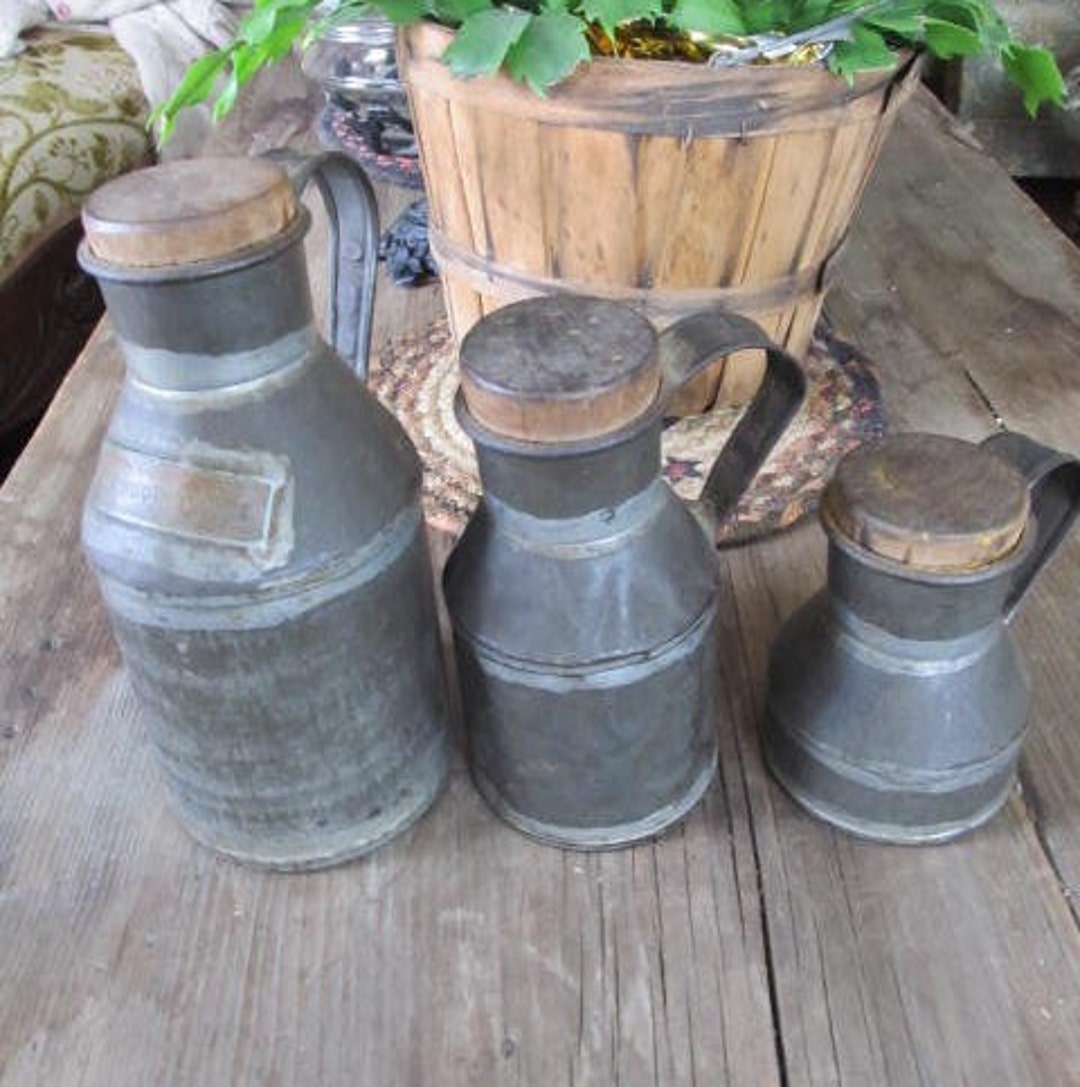 Rare Primitive Farmhouse Antique Cream Milk Tin Jug With Wooden Stopper ...
