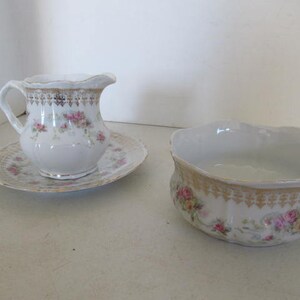 3 Pc Set China Pink Roses Pattern China Rose Bowl Creamer White Gold ...