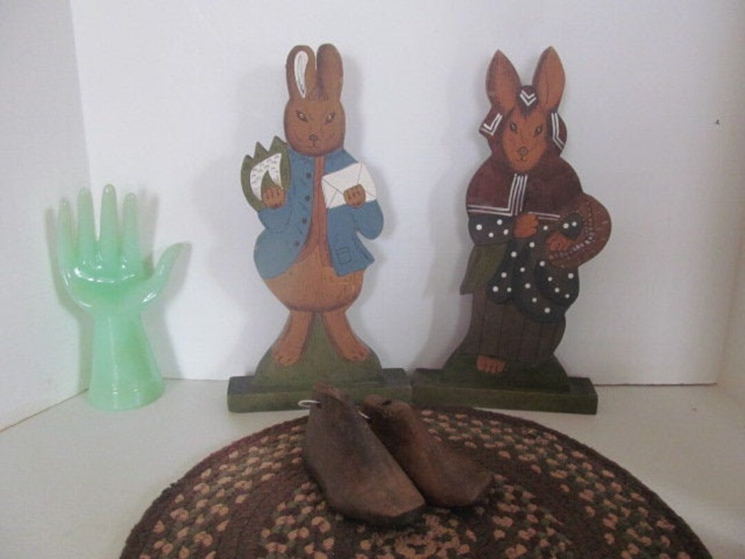 Easter Bunnies Hand Painted Wood Bunny Wooden Male & Female Rabbit ...