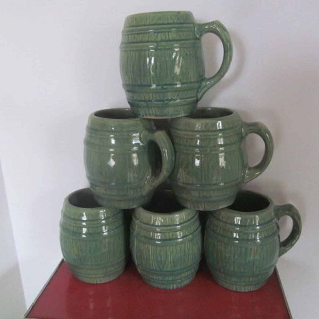 Keg Beer Mugs Steins Green Yellow Ware Mugs Mccoy Barrel Shaped Mugs ...