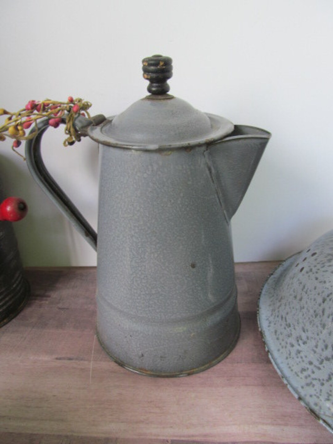 Gray Granite Ware Coffee Pot Gray Enamel Ware Primitive Kitchen Home ...