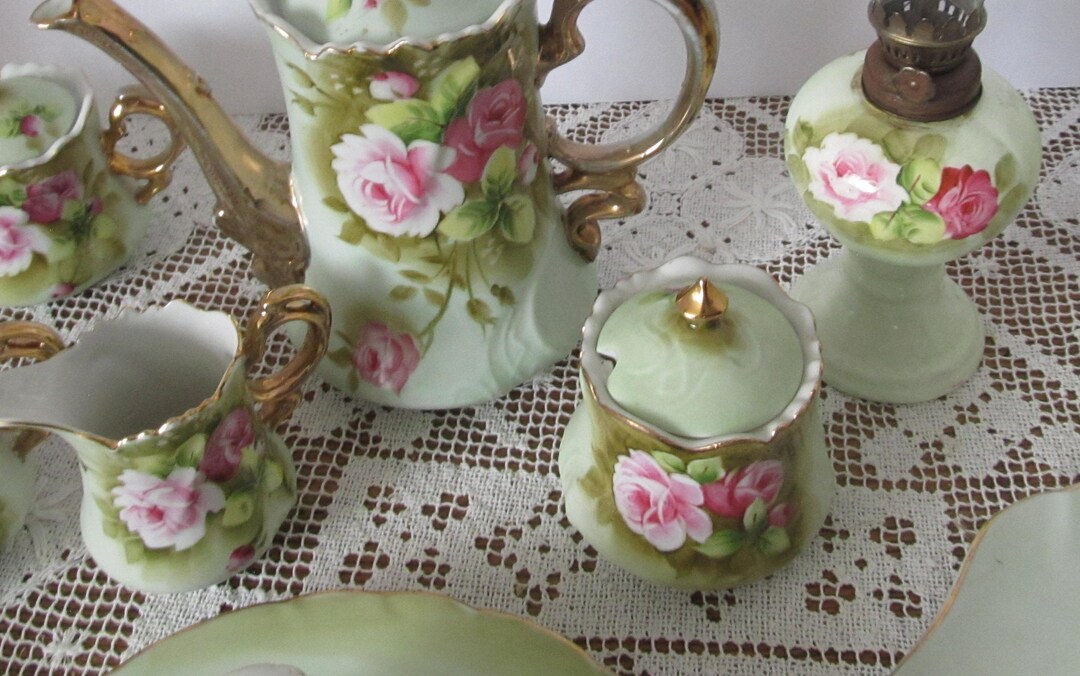 Lefton Jam and Jelly Set Lefton Heritage Rose Pattern Replacement China Honey Pot Jade Green ...