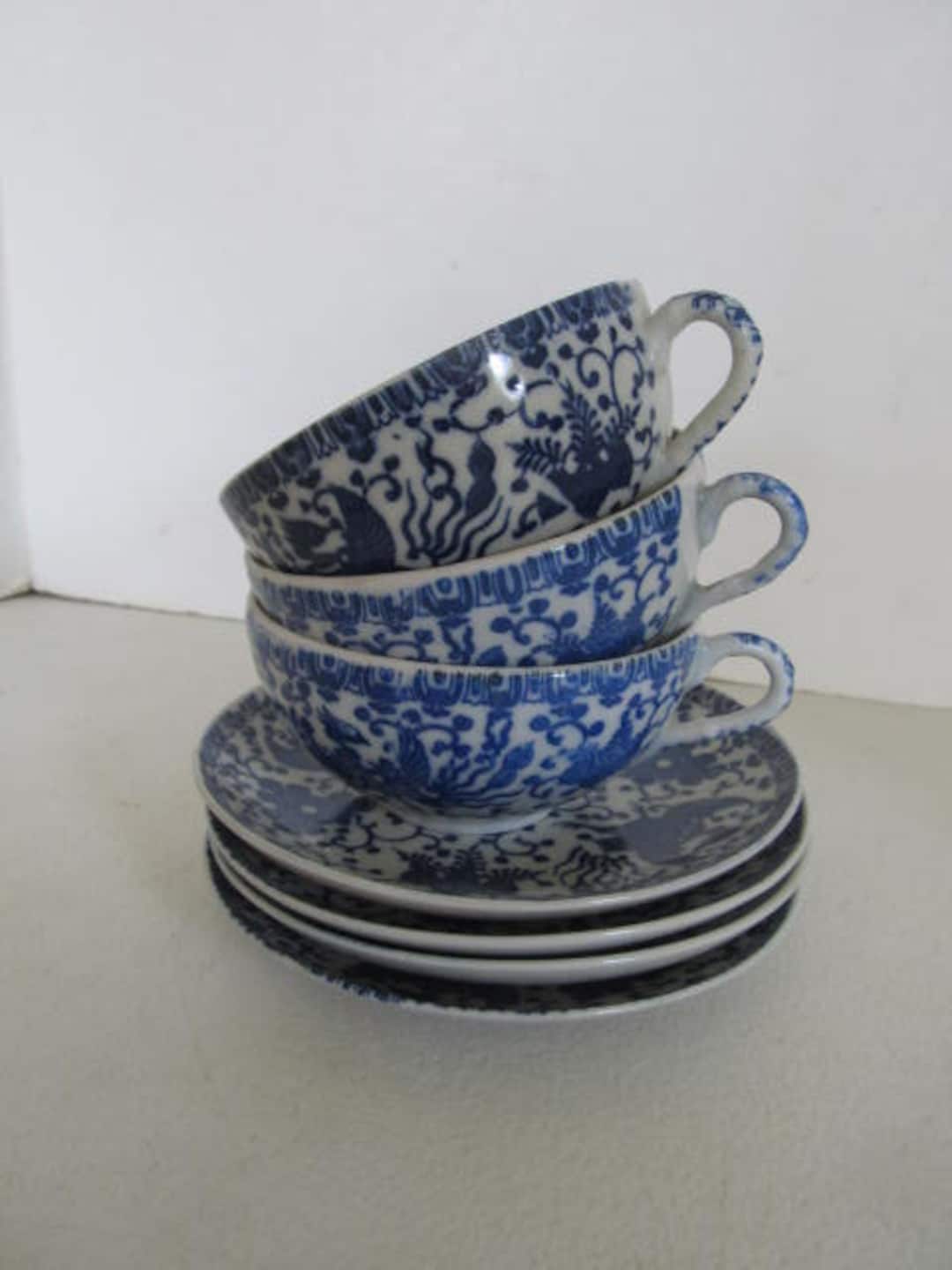 Tea Cups Saucers Japan Blue Transferware Plates Blue Pheonix Bird ...