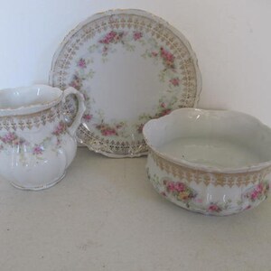 3 Pc Set China Pink Roses Pattern China Rose Bowl Creamer White Gold ...