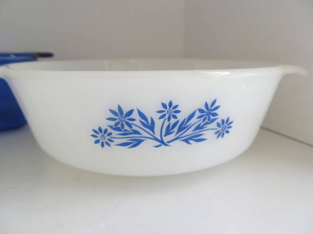Fire King 1950s Milk Glass Casserole Dish Mid Century Glass Blue and ...