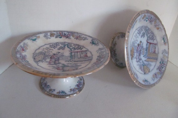 Asian Scene Rare Cake Stands Antique Oriental Flow Blue - Etsy
