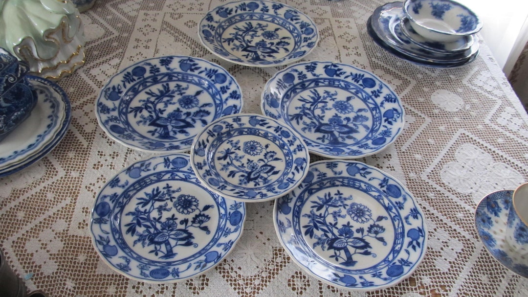 7 Pc Blue Onion Meissen Dinnerware Plates Flow Blue Bowl Flow Blue ...