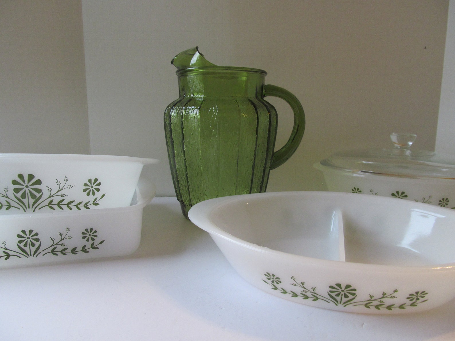 Green Glasbake Round Casserole Primrose Dream Baking Dish Green Daisy ...