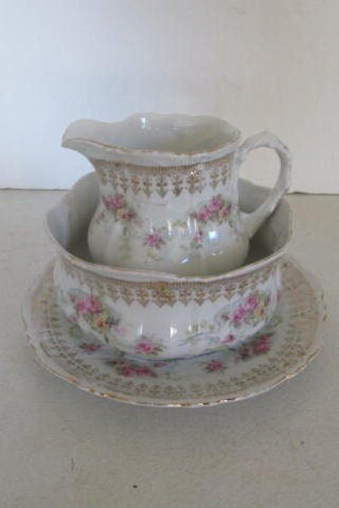 3 Pc Set China Pink Roses Pattern China Rose Bowl Creamer White Gold ...