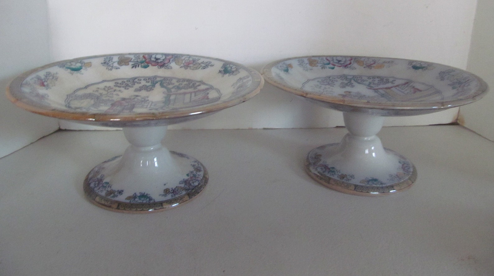 Asian Scene Rare Cake Stands Antique Oriental Flow Blue Pedestal ...