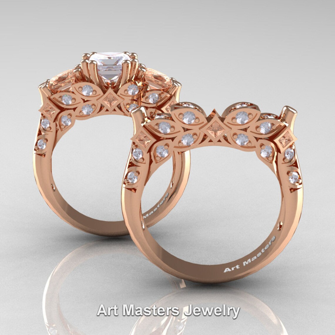 Classic 14K Rose Gold Three Stone Princess White Sapphire Morganite ...