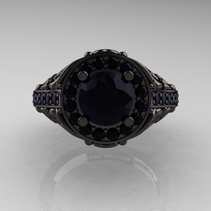 Italiaanse 14K zwart goud 1.0 ct zwarte diamanten verlovingsring ...