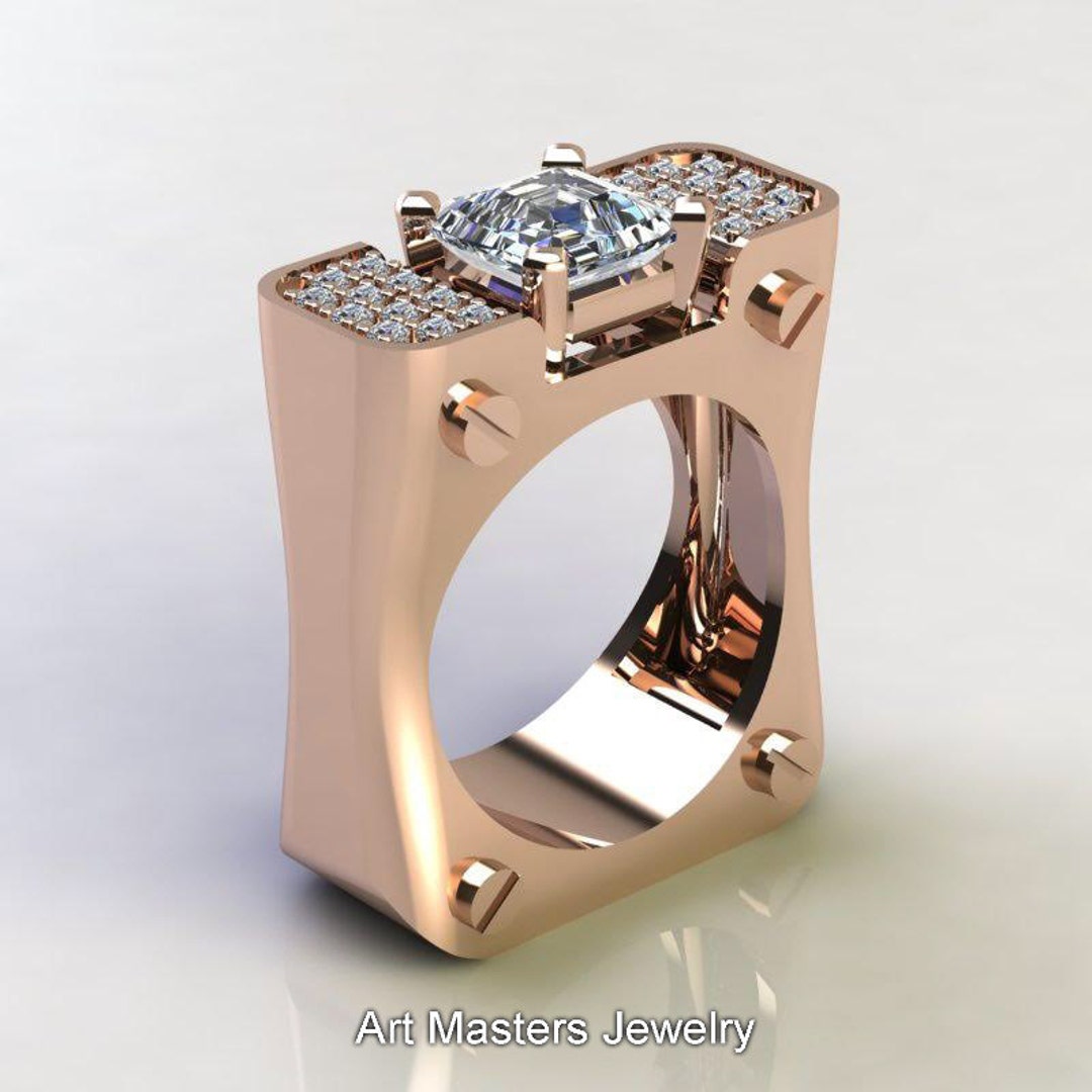 Mens Modern 14K Rose Gold 3.0 Ct Emerald Cut White Sapphire Diamond ...