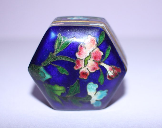 Vintage Chinese Enameled Tiny Cloisonné Pill Box/floral/dark Blue - Etsy