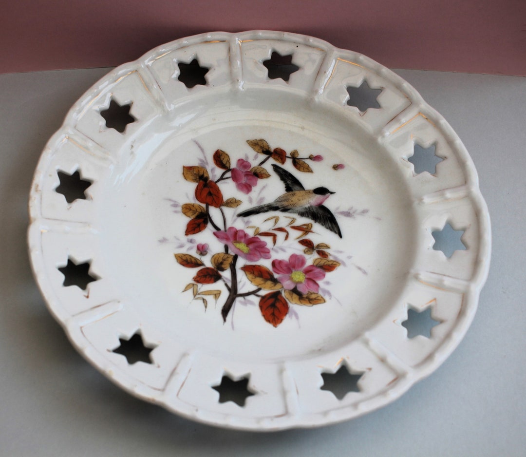 Antique Hand Painted Victorian Ribbon Plate/swallow and Flora/rustic - Etsy