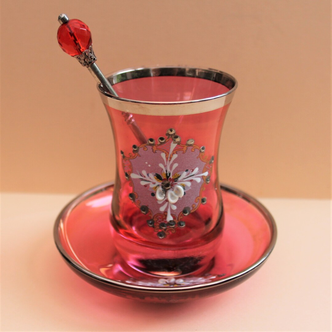 Vintage Stunning Bohemium Cranberry Glass on a Saucer With Spoon ...