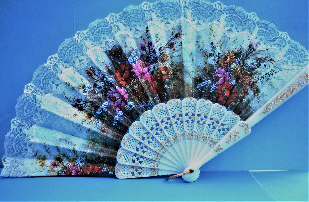 Vintage Gorgeous Fabric Spanish Fan With Lace Edging/floral - Etsy