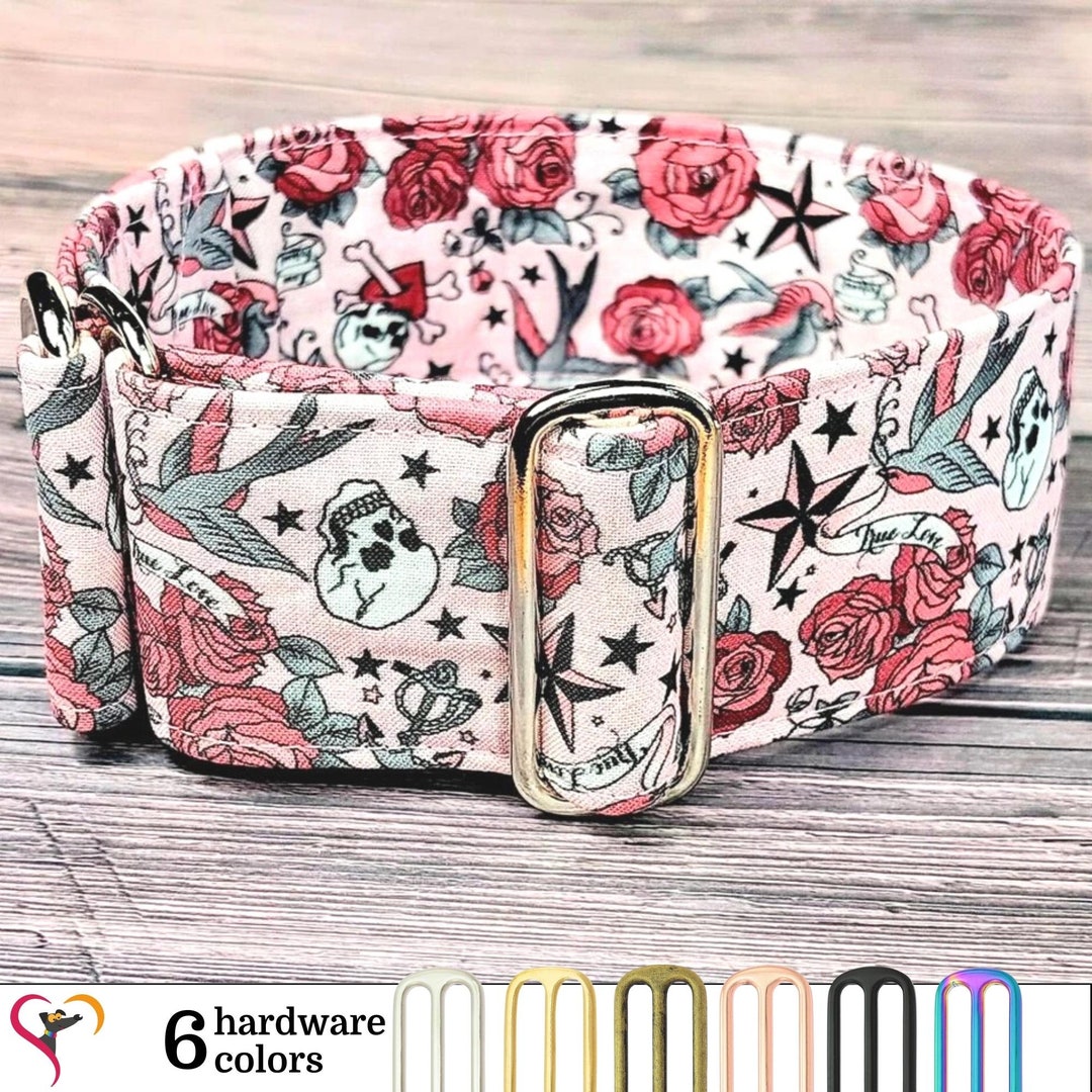 Pink Dog Collar With Skulls and Roses, Fabric Greyhound Collar, Tattoo ...