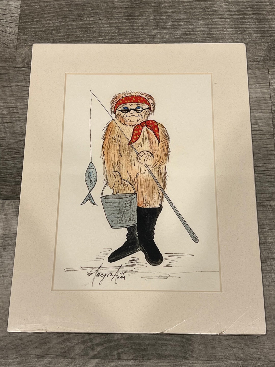 Vintage Original Art by Margie Ann Moskowitz Ice Fishing Pole Bucket ...