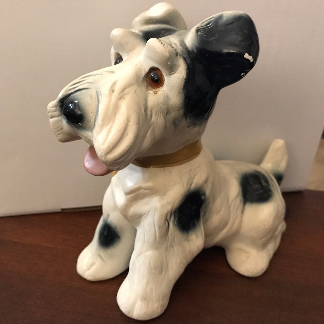 Vintage Chalkware Terrier Dog White Black Spot Shanks Salina Kansas ...