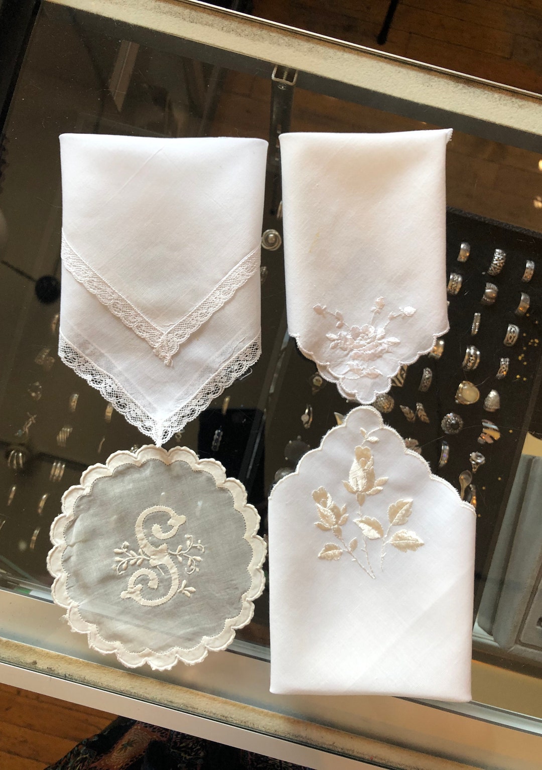 Lot of 4 Vintage White Cotton Lace, Embroidered, Cut Out Hankerchiefs ...