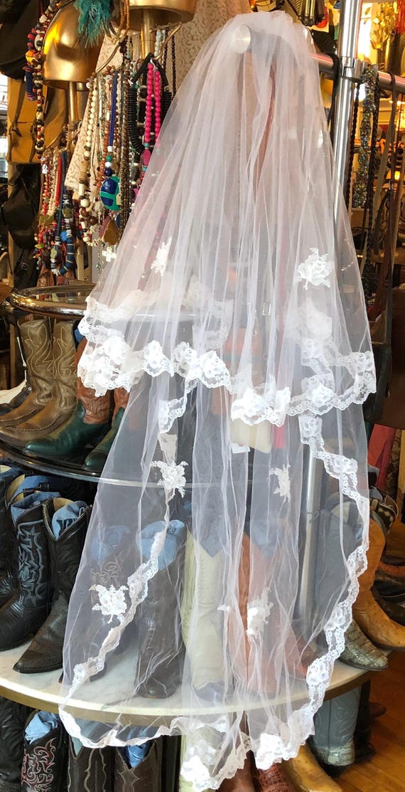 Retro 80’s Long White Bridal Veil - Gem