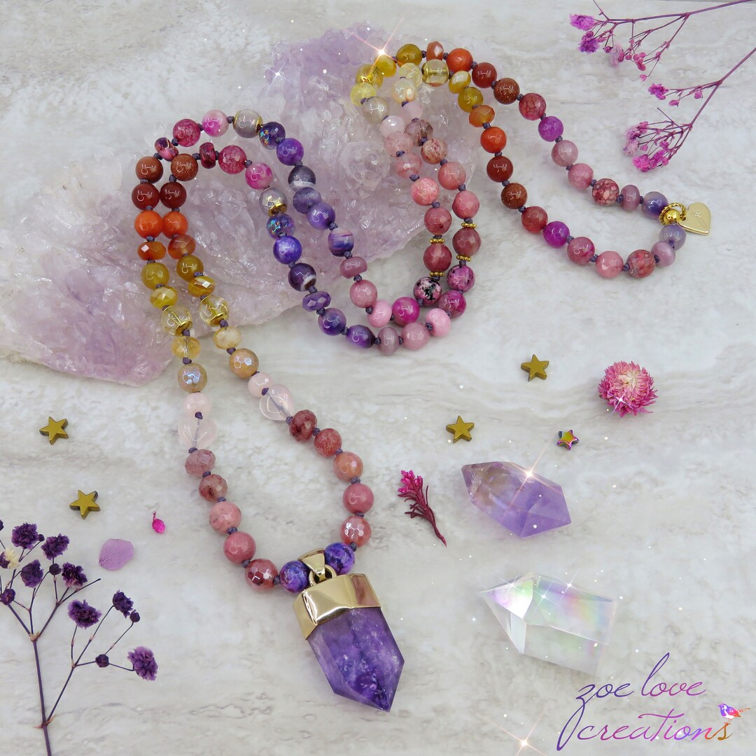 Autumn Sunrise Mala Boho Chic Long Hand Knotted Necklace, Gypsy Jewelry ...
