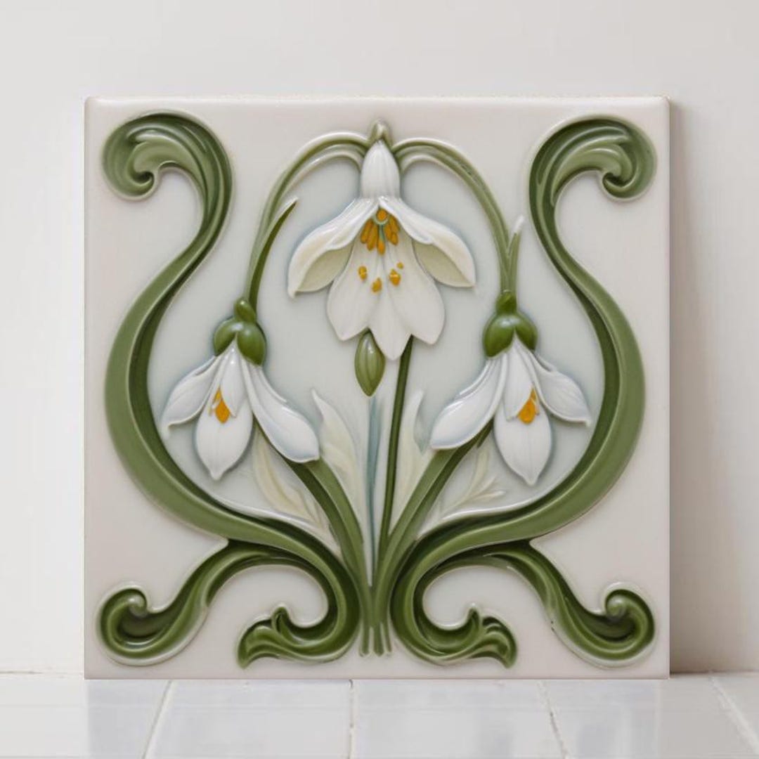 Snowdrop Flower Ceramic Tiles - Art Nouveau Botanical Print, Set of 2 ...