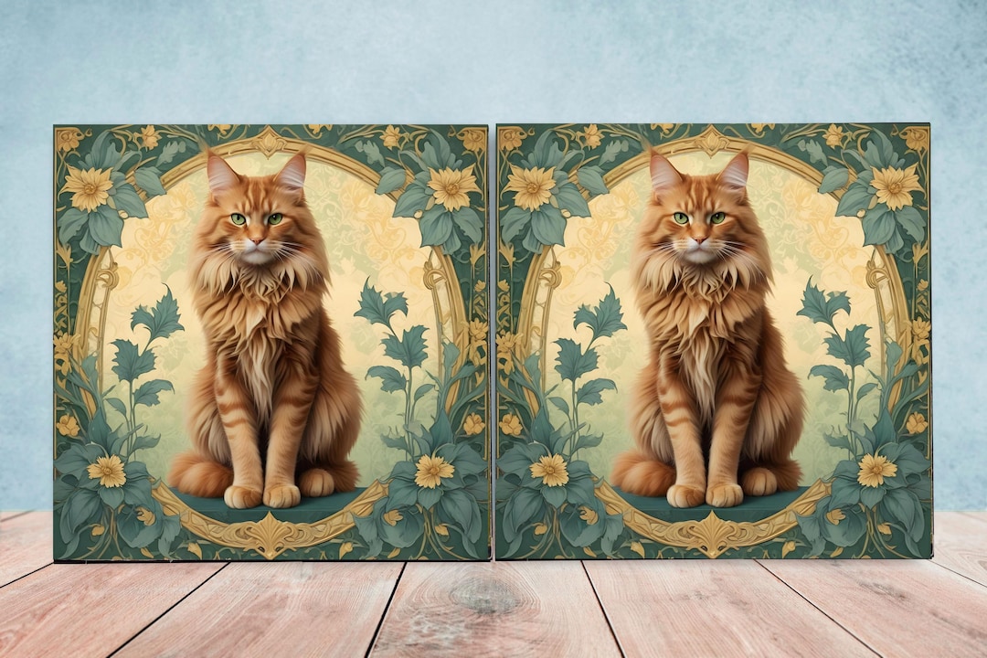 Art Nouveau Cat Ceramic Tiles: Kitchen & Bath Decor - Set of 2 - Etsy