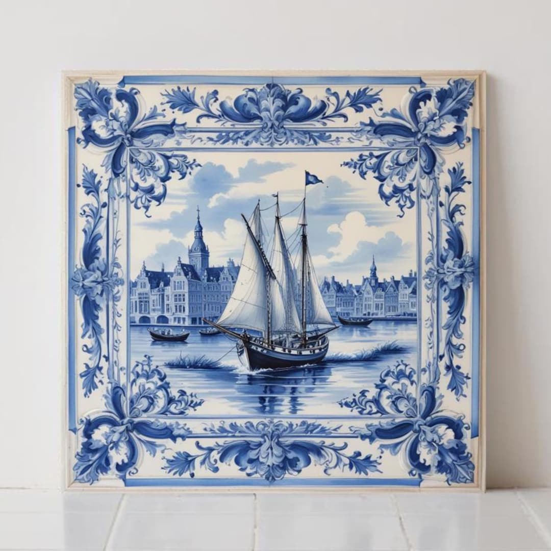 Delft Blue Ceramic Tile Dutch Ship Design Nautical Wall Art Kitchen ...
