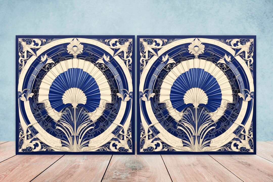 Art Deco Ceramic Tiles Set of 2 Art Deco Wall Decor Geometric Tiles ...