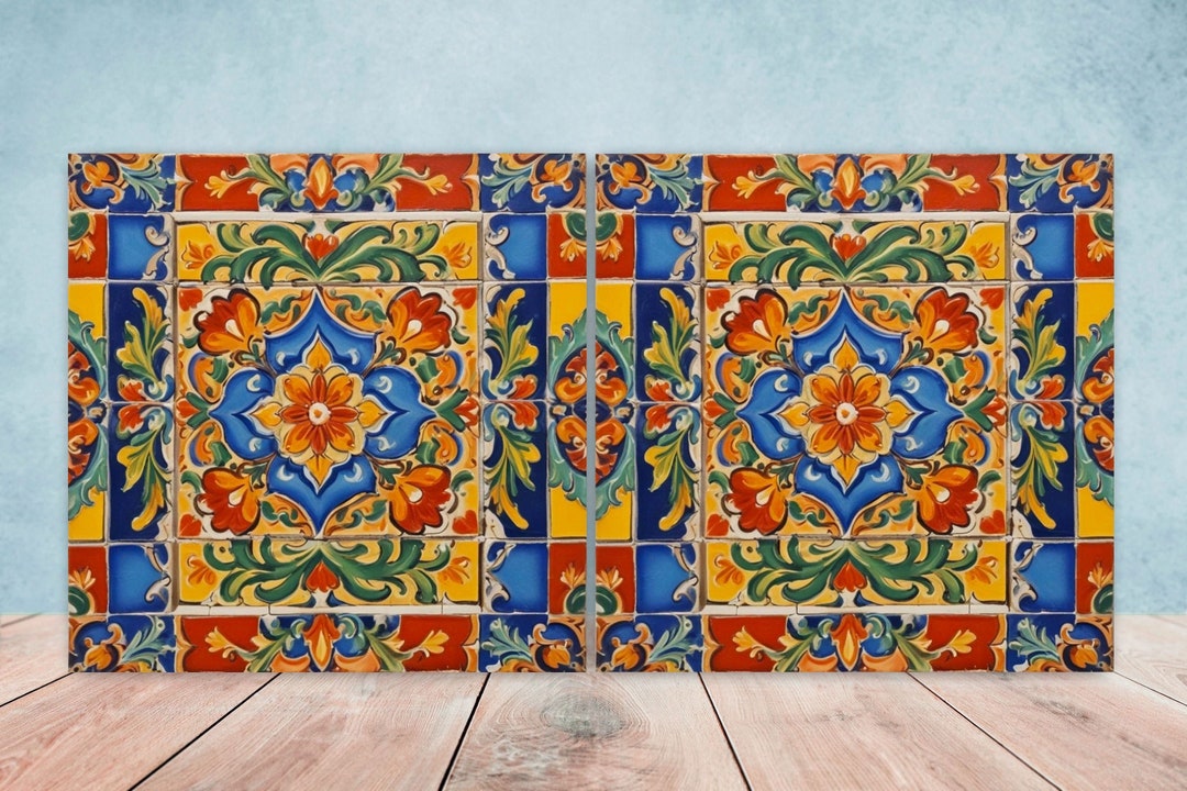 Mexican Ceramic Tiles - Set of 2 Mexican Folk Design Wall Decor Tiles ...