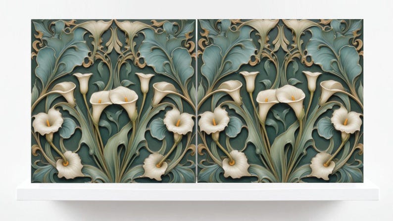 Calla Lily Ceramic Tiles - Green Art Nouveau Floral Backsplash - Set of ...