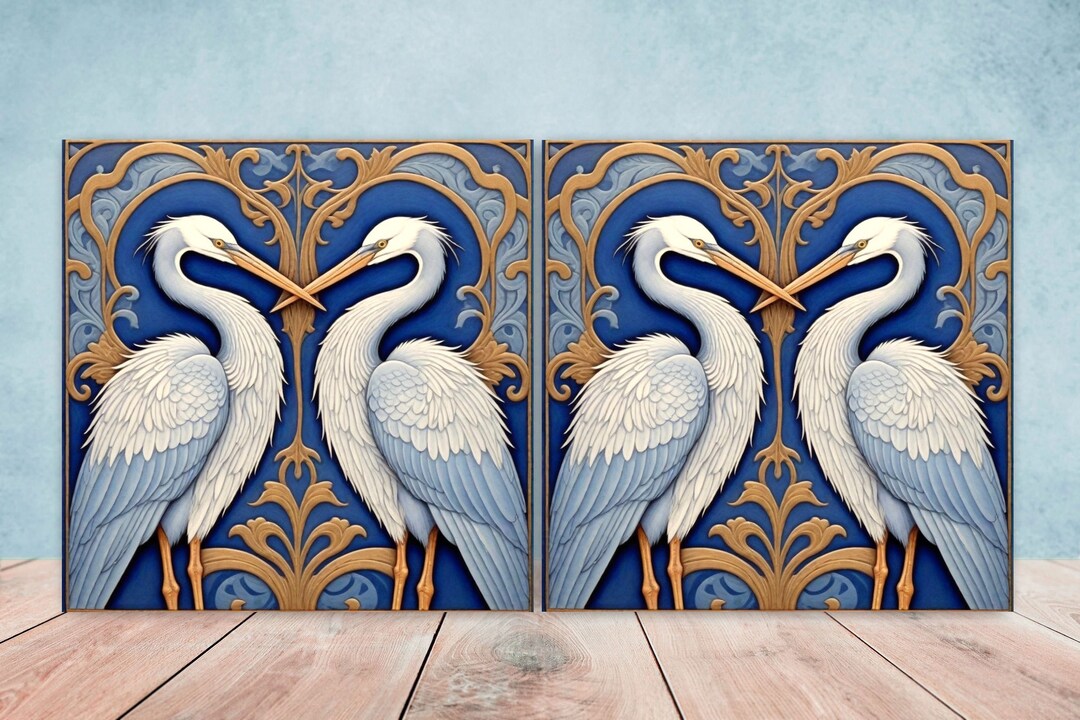 Art Nouveau Heron Ceramic Tiles -set of 2 Art Nouveau Bird Wall Decor ...