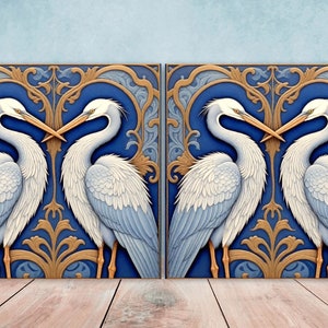 Art Nouveau Heron Ceramic Tiles -set of 2 Art Nouveau Bird Wall Decor ...