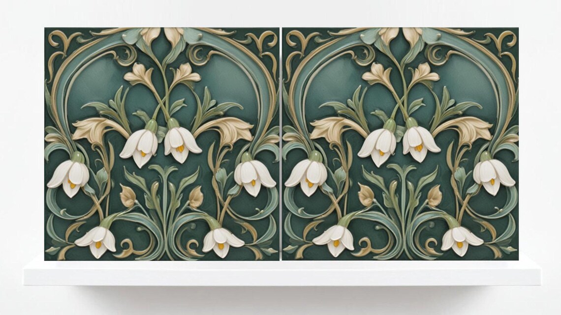 Lily of the Valley Tile: Green Art Nouveau Ceramic Wall Decor - Set of ...