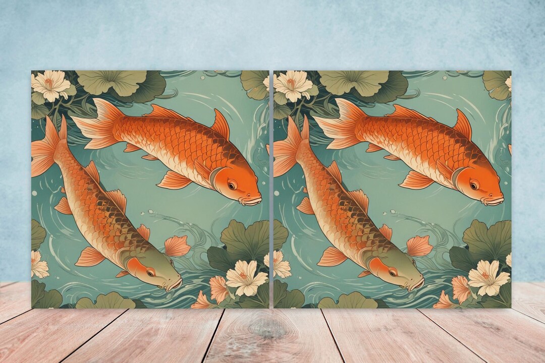 Koi Fish Ceramic Tile Japanese Tiles set of 2 Wall Decor Tiles kitchen ...