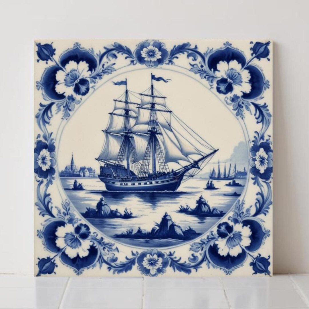 Delft Blue Ceramic Tile - Dutch Ship Design Nautical Wall Art Kitchen ...
