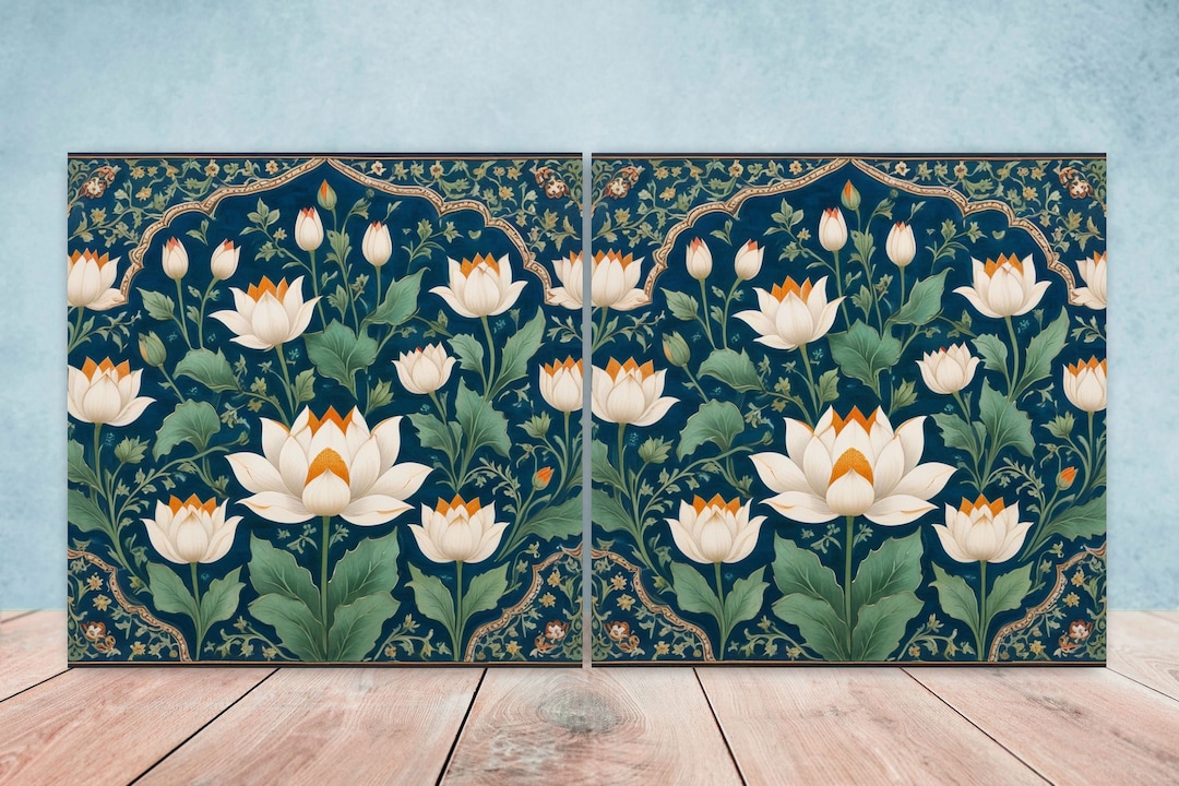 Lotus Flower Ceramic Wall Tiles (set of 2): Mughal Art Print - Etsy