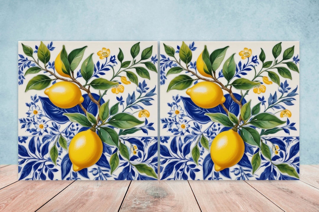 Italian Majolica Lemon Tiles Set of 2 Italian Wall Decor Tiles Kitchen ...