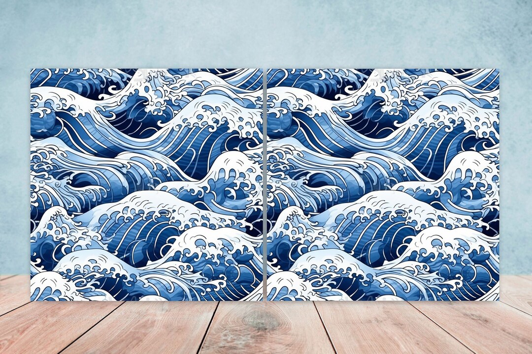 Japanese Wave Ceramic Tiles: Coastal Kitchen Backsplash Decor (set of 2 ...