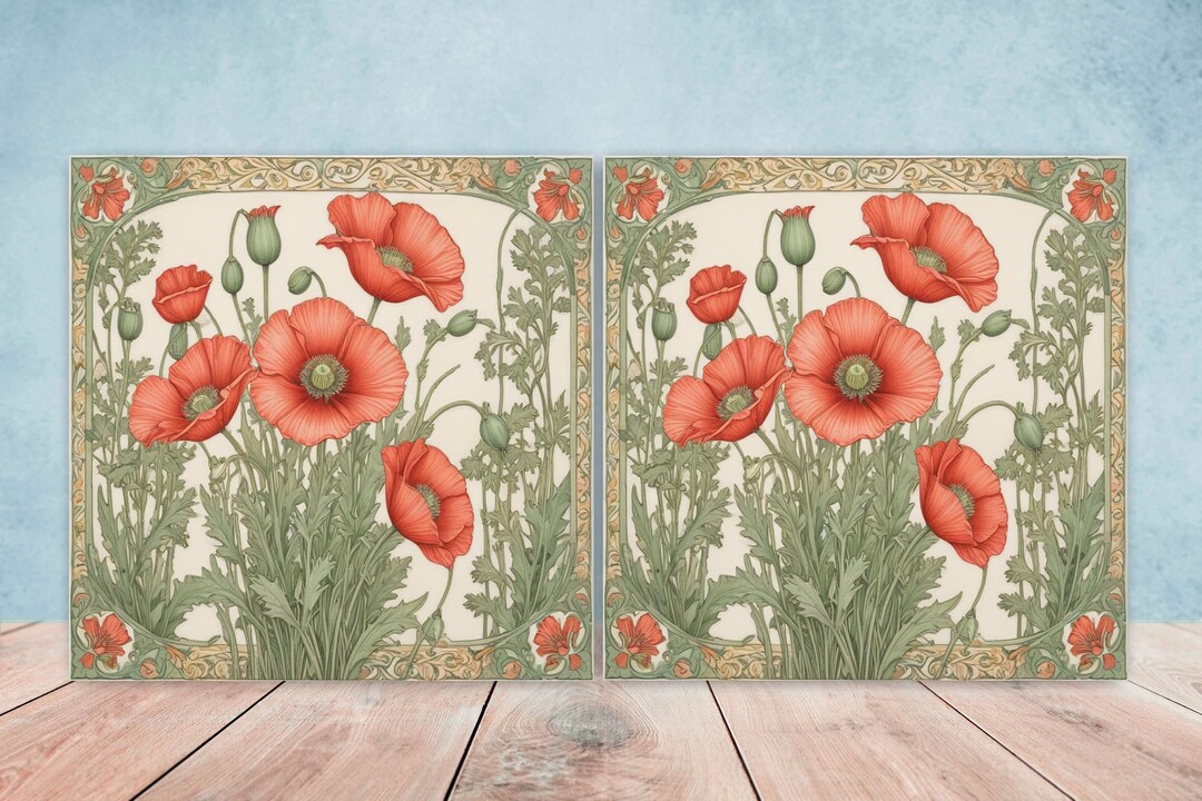 Art Nouveau Poppy Ceramic Tiles: Kitchen & Bath Wall Decor (set of 2 ...