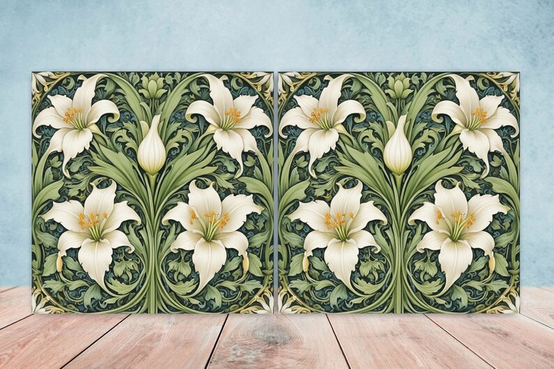 William Morris Inspired Art Nouveau Lily Flower Ceramic Tiles - Set of ...