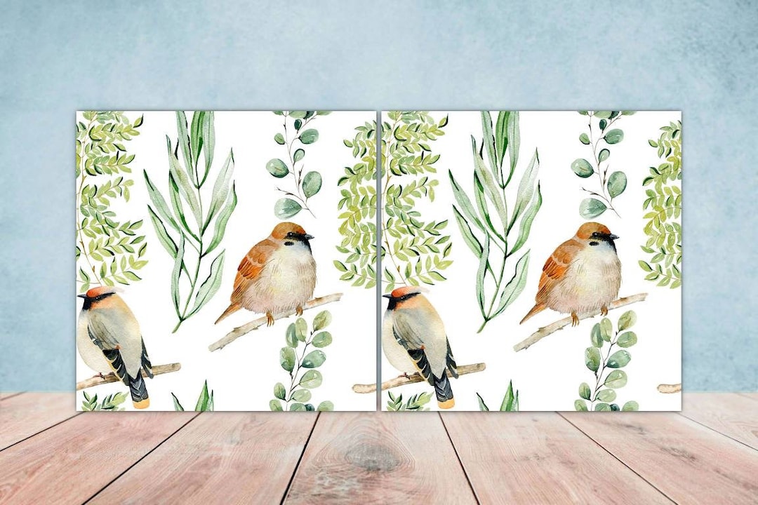 Bird Ceramic Tiles- Set of 2 Bird Flower Wall Art Print Decor Tiles ...
