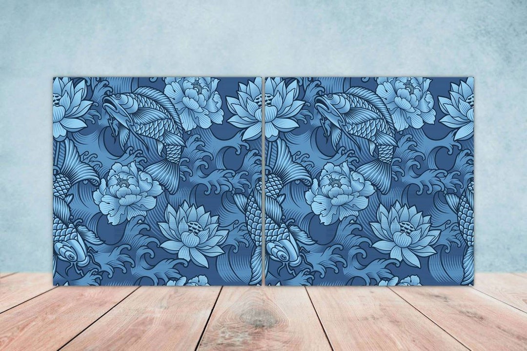 Koi Fish Ceramic Tile Japanese Tiles set of 2 Wall Decor Tiles kitchen ...