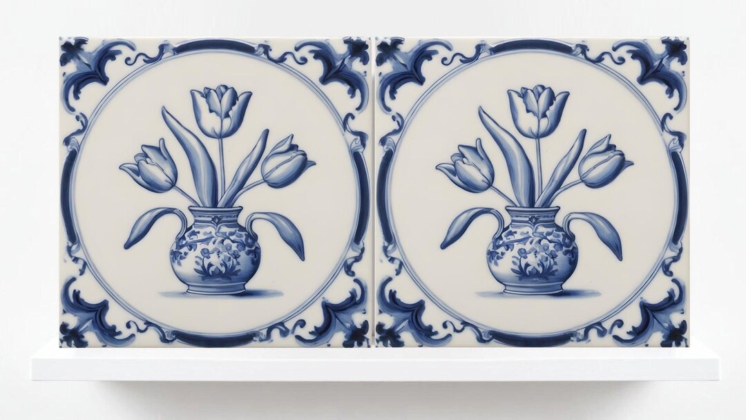 Delft Tulip Tile - Delft Blue Tile - Set of 2 Ceramic Delftware Tiles ...
