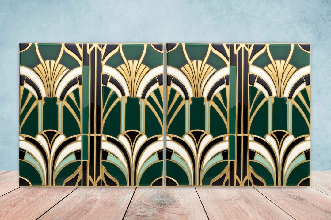 Art Deco Ceramic Tiles - Set of 2 Art Deco Wall Decor Geometric Tiles ...