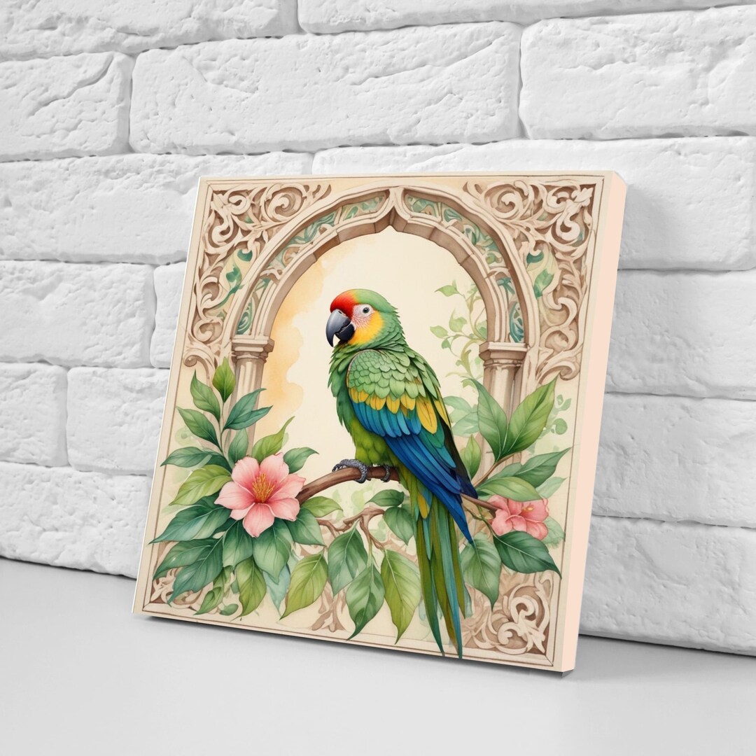 Art Nouveau Parrot Ceramic Tiles - Tropical Bird Wall Decor, Set of 2 ...