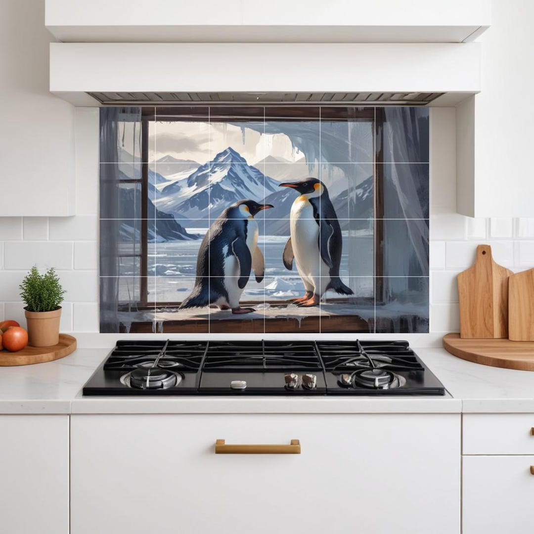 Penguin Window Tile Mural – Arctic Animals, Icy Mountains, Ceramic Wall ...