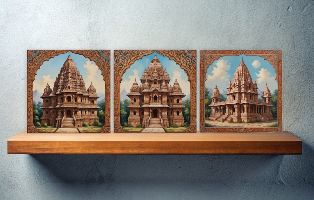 Set of 3 Indian Hindu Temples Ceramic Wall Tiles - Gloss Finish - Hindu ...